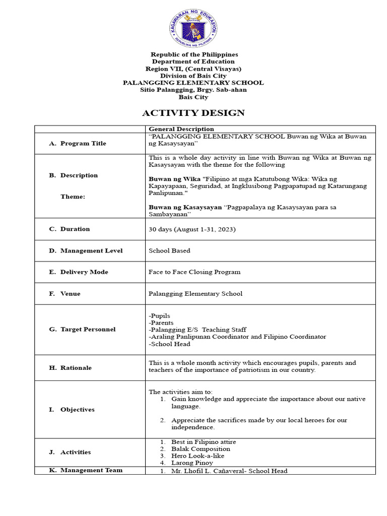 Activity Design in Filipino and Ap 2023 | PDF | Philippines