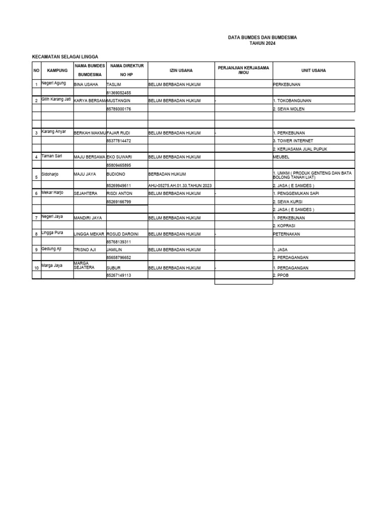Data Bumdes Selagai Lingga | PDF