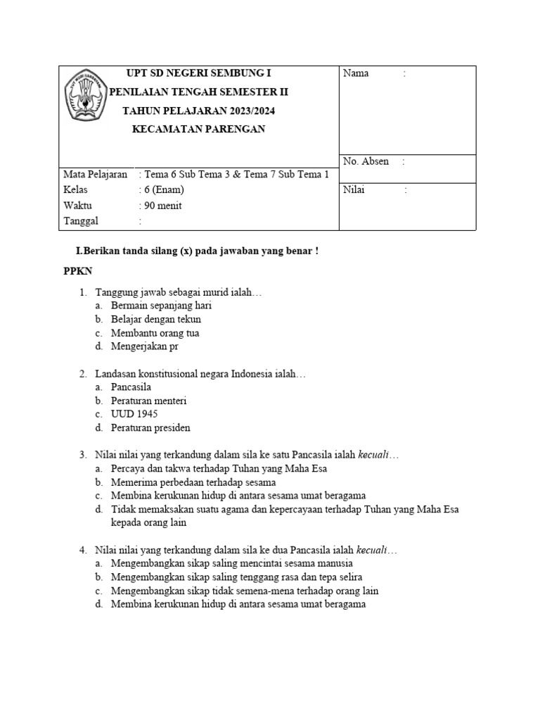 Soal PTS TEMATIK TEMA 6 SUB 3 DAN TEMA 7 SUB 1 Kelas 6 SMT 2 | PDF | Perjalanan