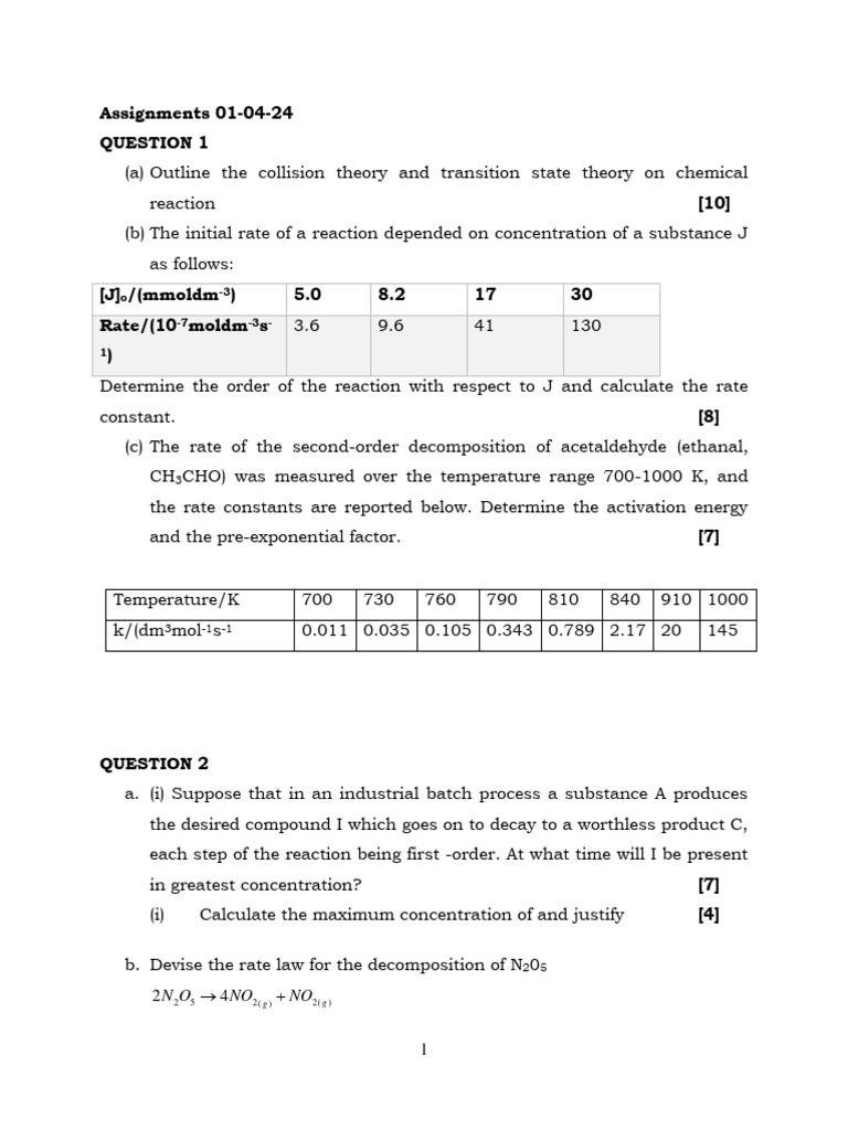 Physchem 2.2 Assinments 2024 | PDF | Catalysis | Chemical Reactions