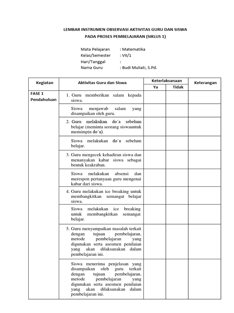 Lembar Instrumen Observasi Aktivitas Guru Dan Siswa | PDF | Karier & Perkembangan