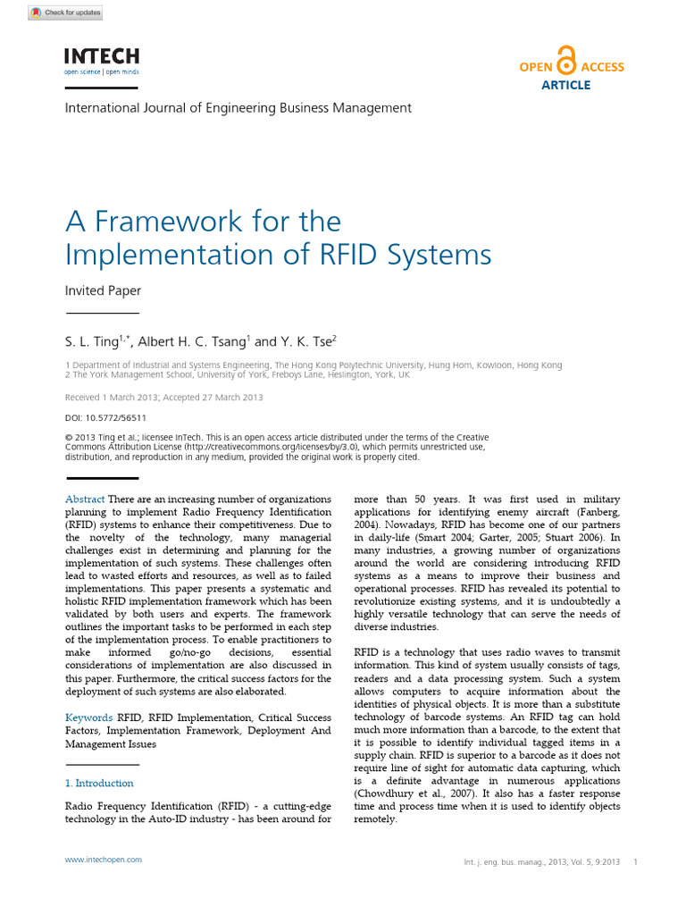 Ting Et Al 2013 a Framework for the Implementation of Rfid Systems | PDF | Radio Frequency ...