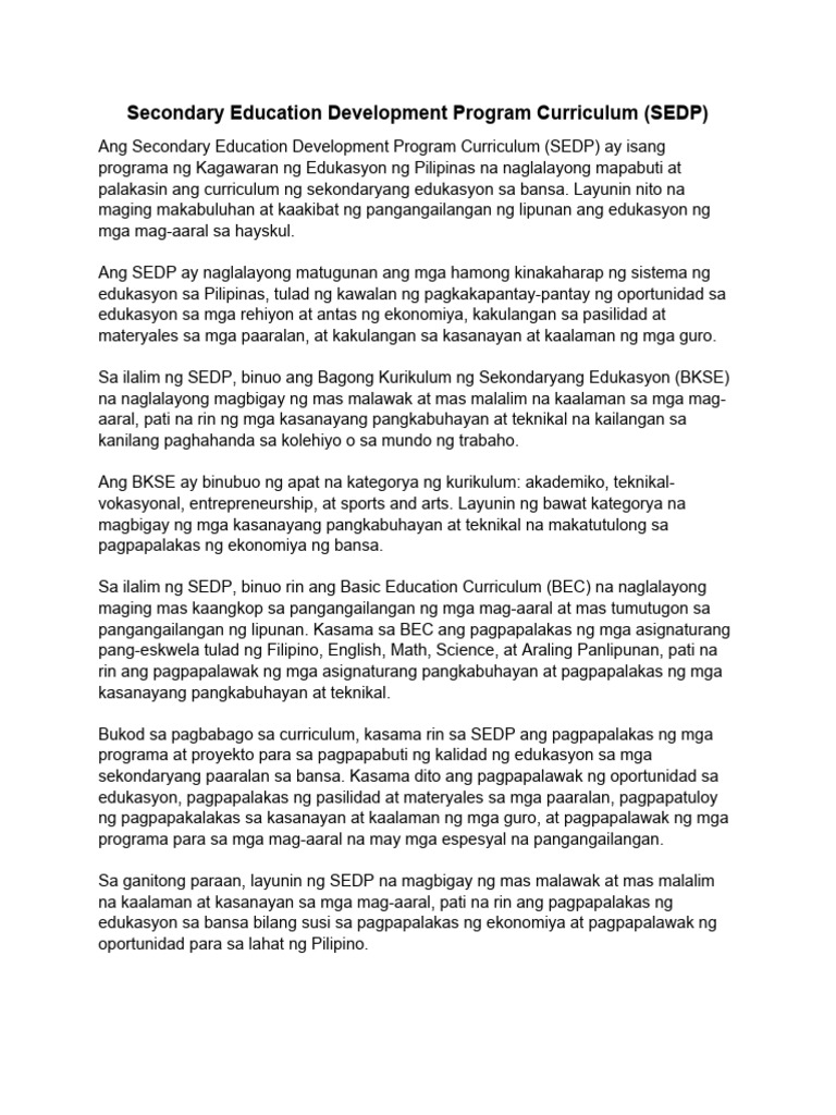Secondary Education Development Program Curriculum (SEDP) | PDF