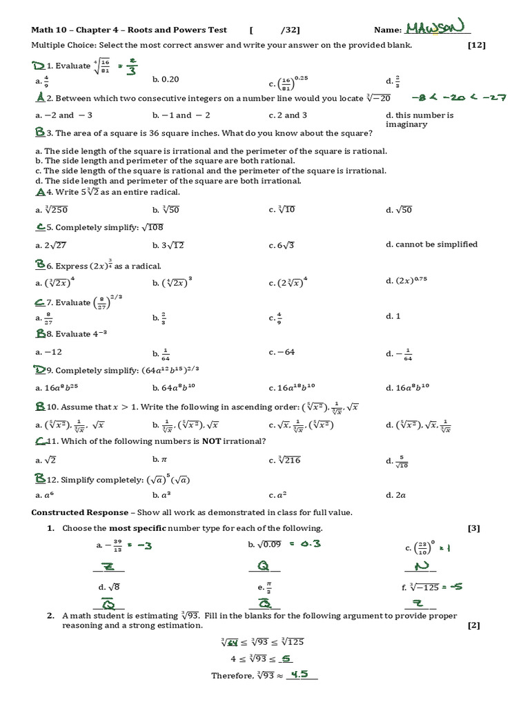 Test - Roots and Powers - KEY | PDF | Rational Number | Numbers