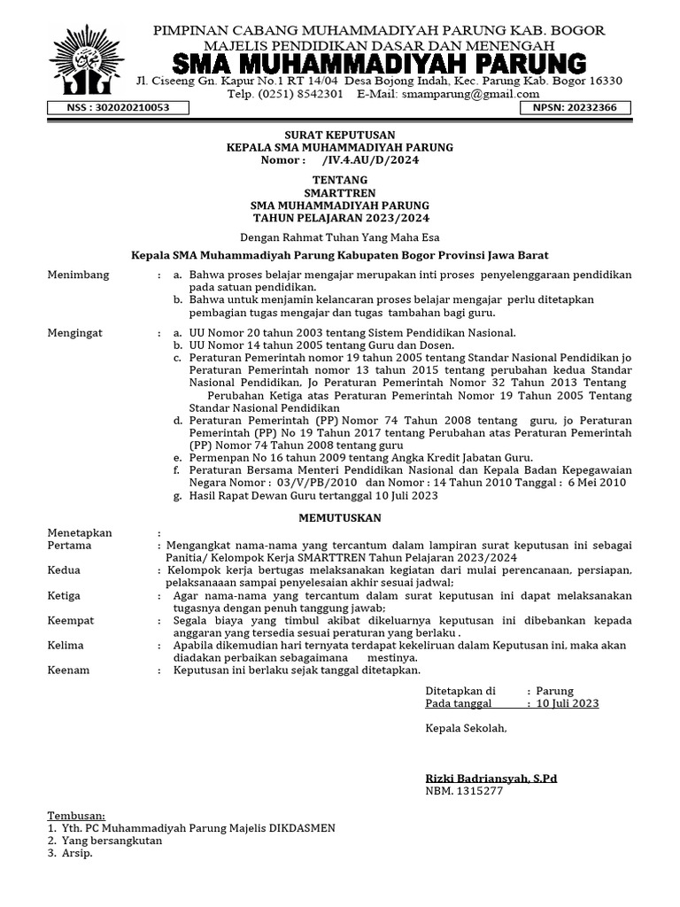 SK Panitia SMARTTREN SMA Parung 2023/2024 | PDF