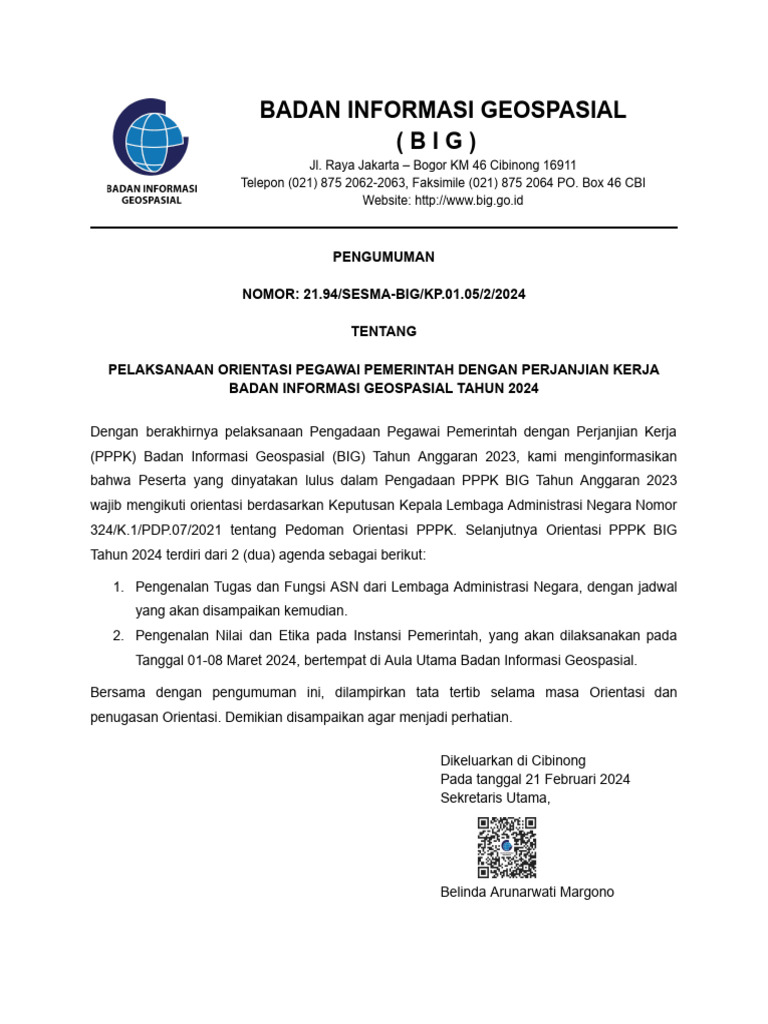 21.94.SESMA-BIG - KP.01.05.2.2024 Pengumuman Pelaksanaan Orientasi PPPK BIG Tahun 2024 | PDF ...