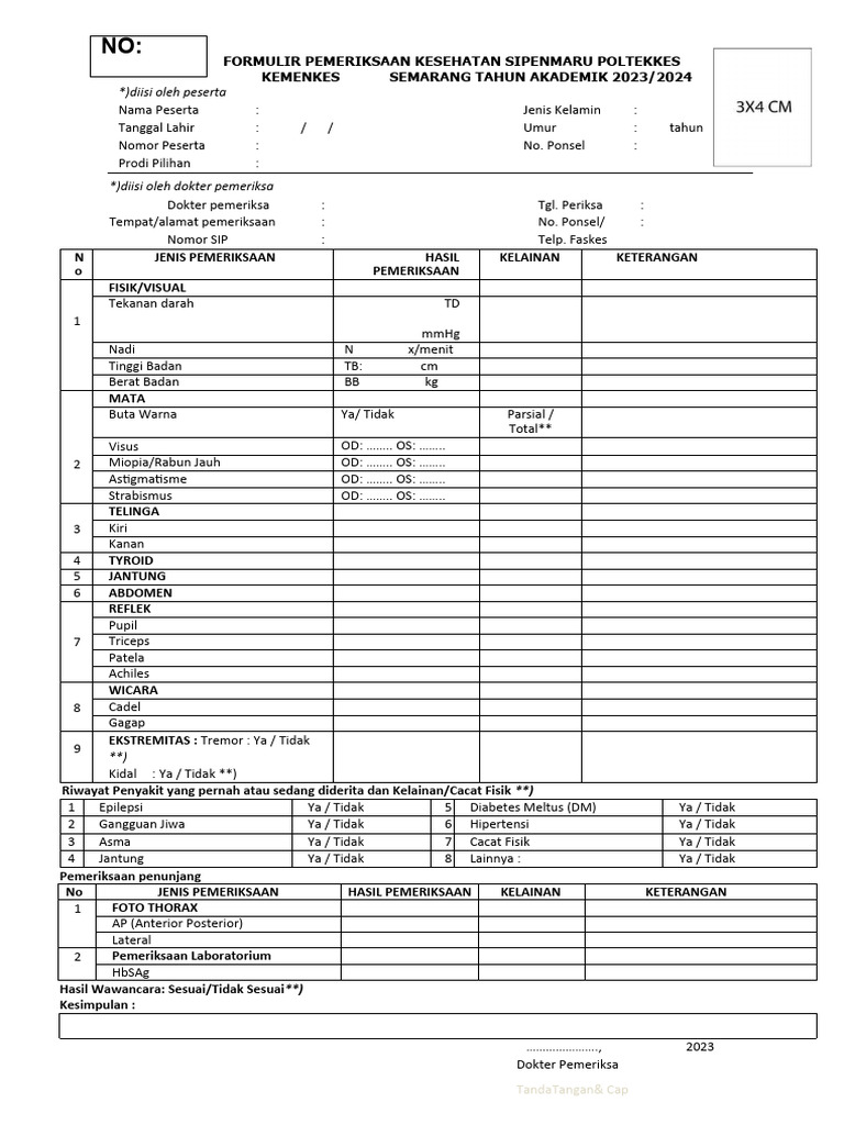 FIX_FORM PEMERIKSAAN KESEHATAN POLTEKKES KEMENKES SEMARANG 2023 | PDF