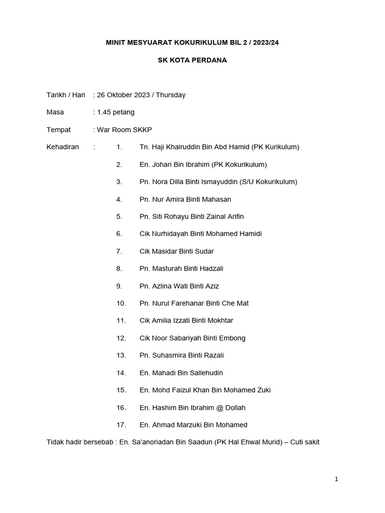 MINIT MESYUARAT KOKU SKKP 2023 BIL 2 | PDF