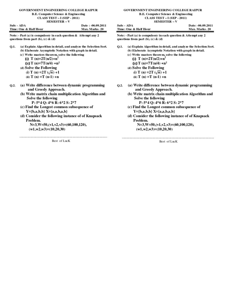 ADA Class Test Questions 2011 | PDF