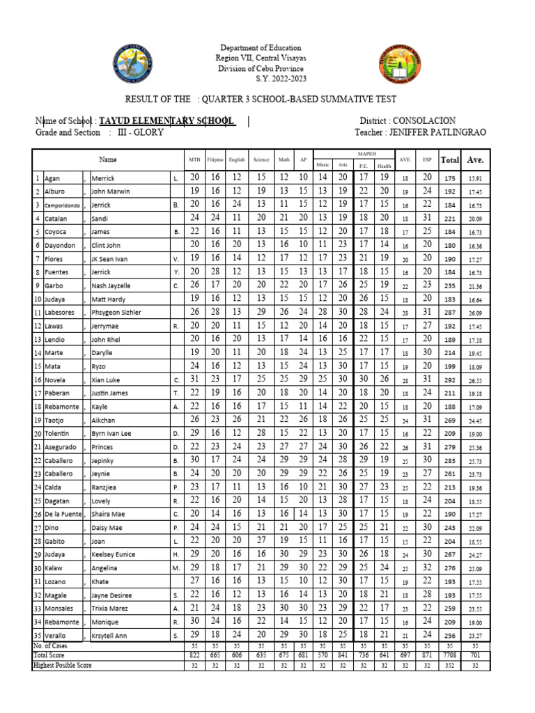 Grade 3 Summative Test Results | PDF