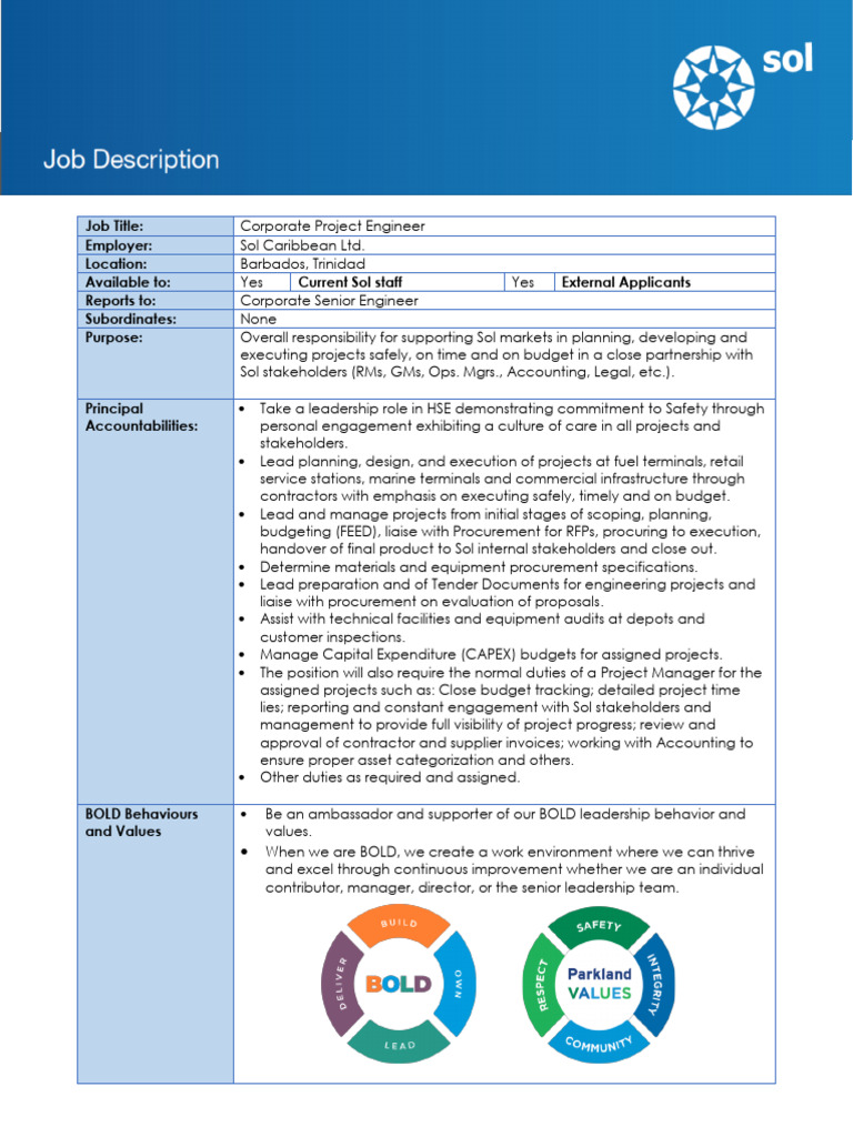 Sol Job Description 2024-Project Engineer Feb 2024 | PDF | Procurement ...