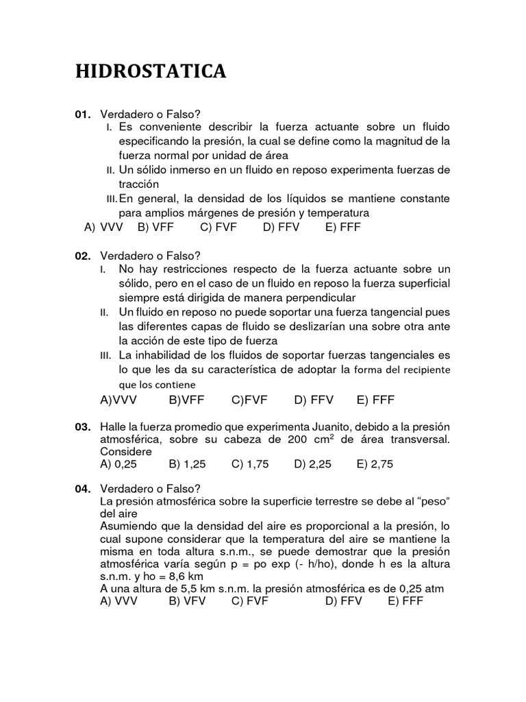 Ejercicios de Hidrostática | PDF | Presión | Presión atmosférica