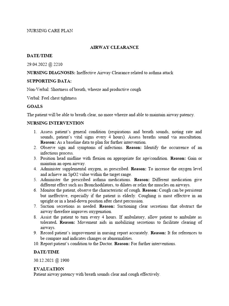 Nursing Care Plan - Airway Clearance | PDF | Asthma | Cough