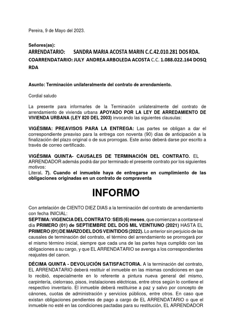 Terminacion Unilateral Contrato Sandra Tacuara T2 206 | PDF | Derecho ...