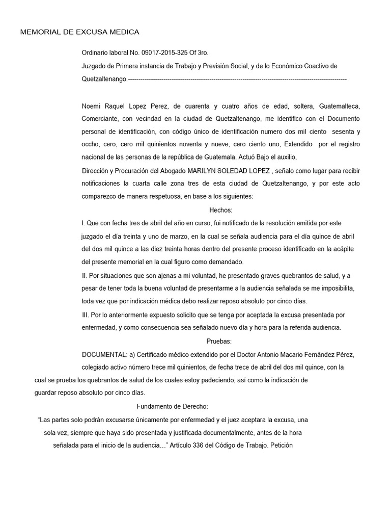 Memorial de Excusa Medica | PDF
