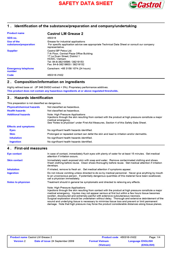 Sds Castrol Grease LM 2 Bi | Download Free PDF | Oils | Chemistry