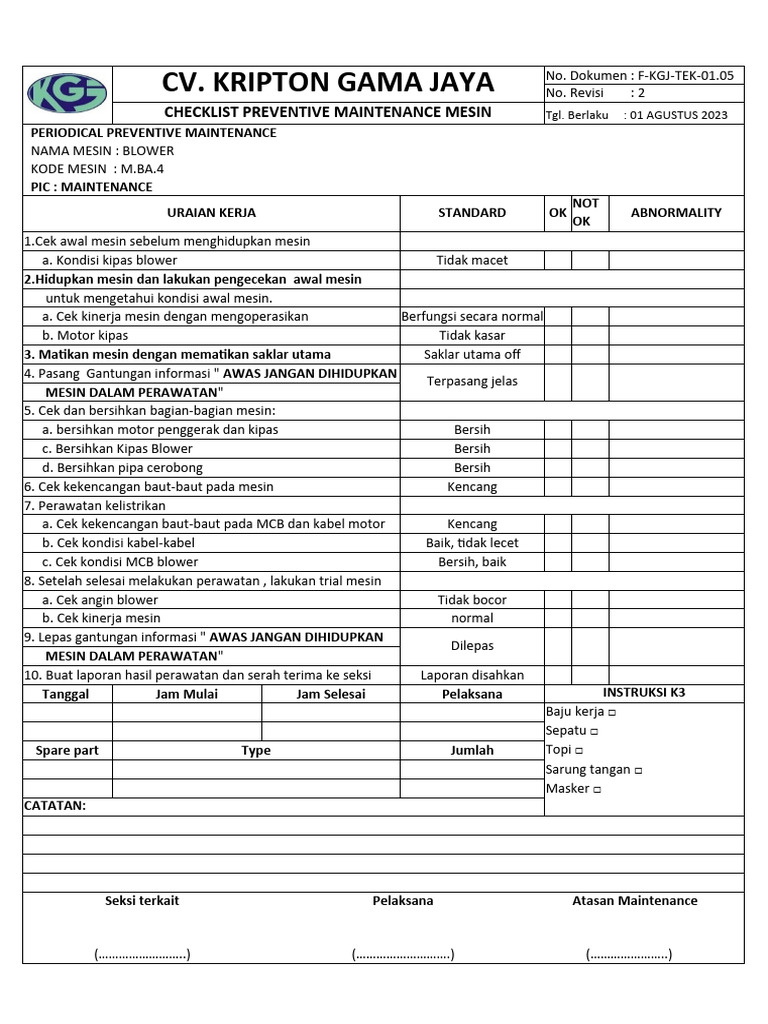 Checklist Preventive Maintenance Alat Mesin Blower4 Pdf