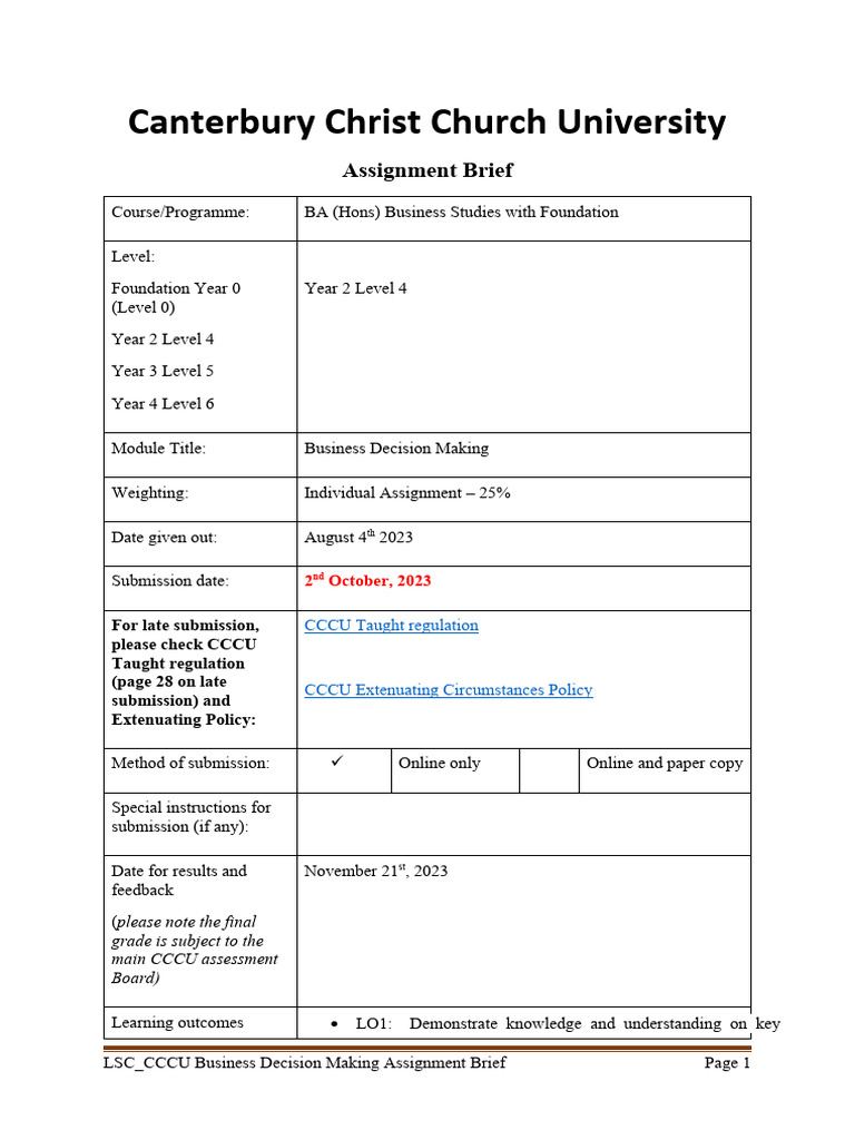 CCCU BABS BDM Assignment July23 | PDF | Theory | Methodology