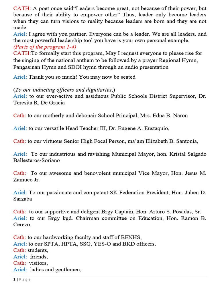 BENHS Officer Induction Ceremony 2023-2024 | PDF | Sports & Recreation