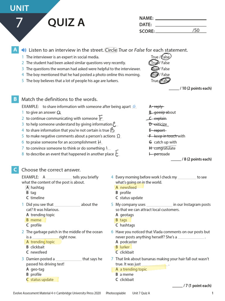 Evolve L4 Unit 7 Quiz A | PDF | Social Media | Popular Culture & Media ...