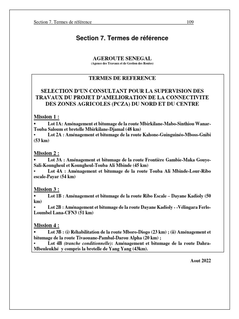Section 7. Termes de Référence: Ageroute Senegal | PDF | Consultant ...