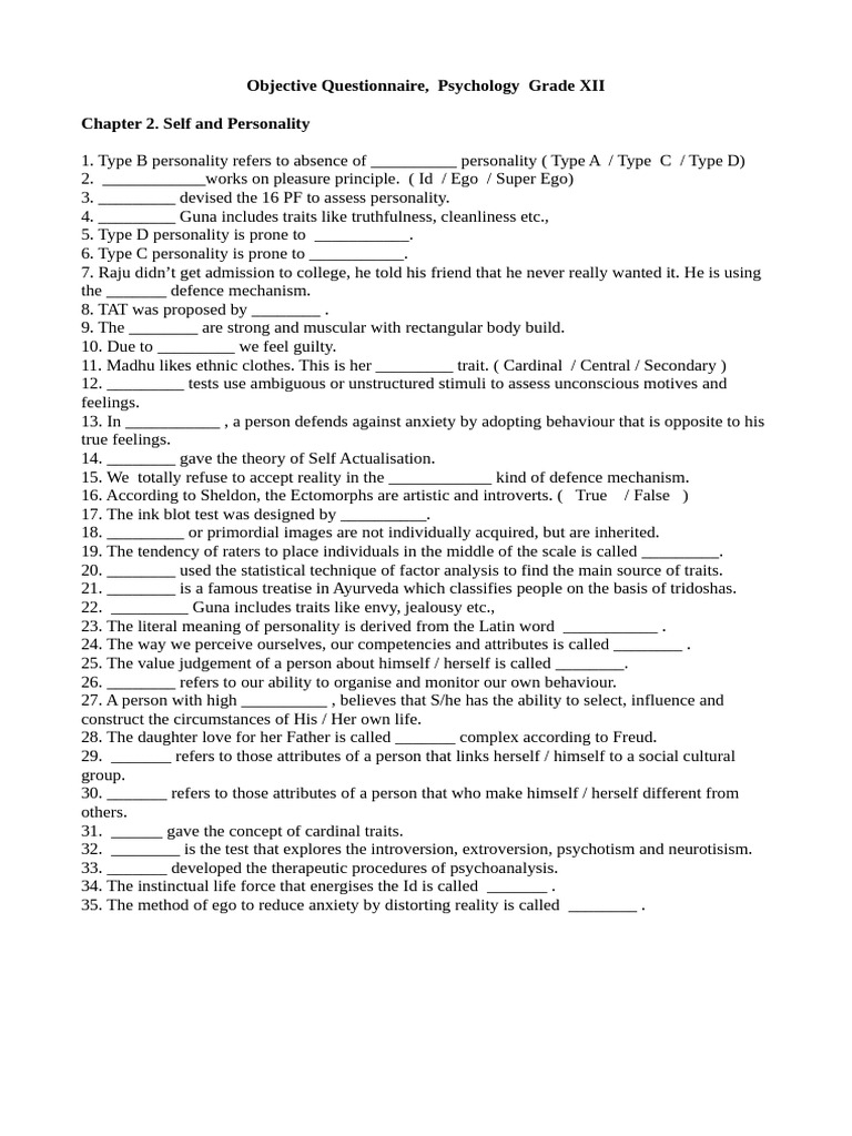 Psychology Grade XII: Self and Personality Quiz | PDF | Id ...