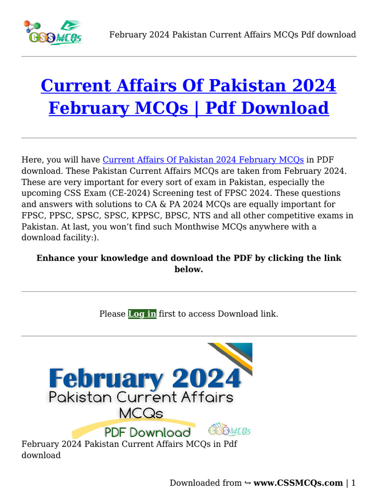 February 2024 Pakistan Current Affairs MCQs PDF Download | PDF | Multiple Choice | Pakistan
