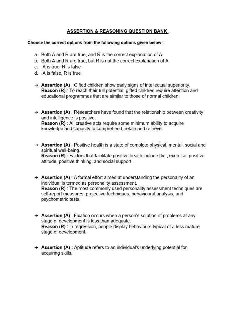 XII Psychology Assertion Reasoning | PDF | Stress (Biology) | Reason