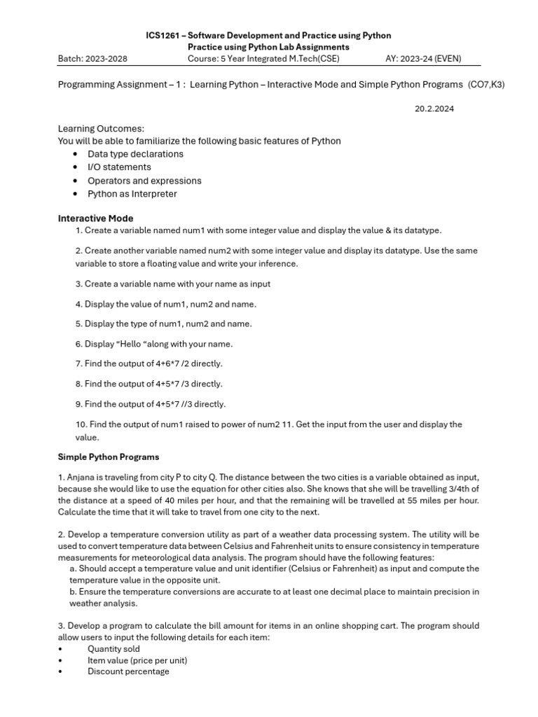 Lab Programming Assignment -1 | PDF | Computing
