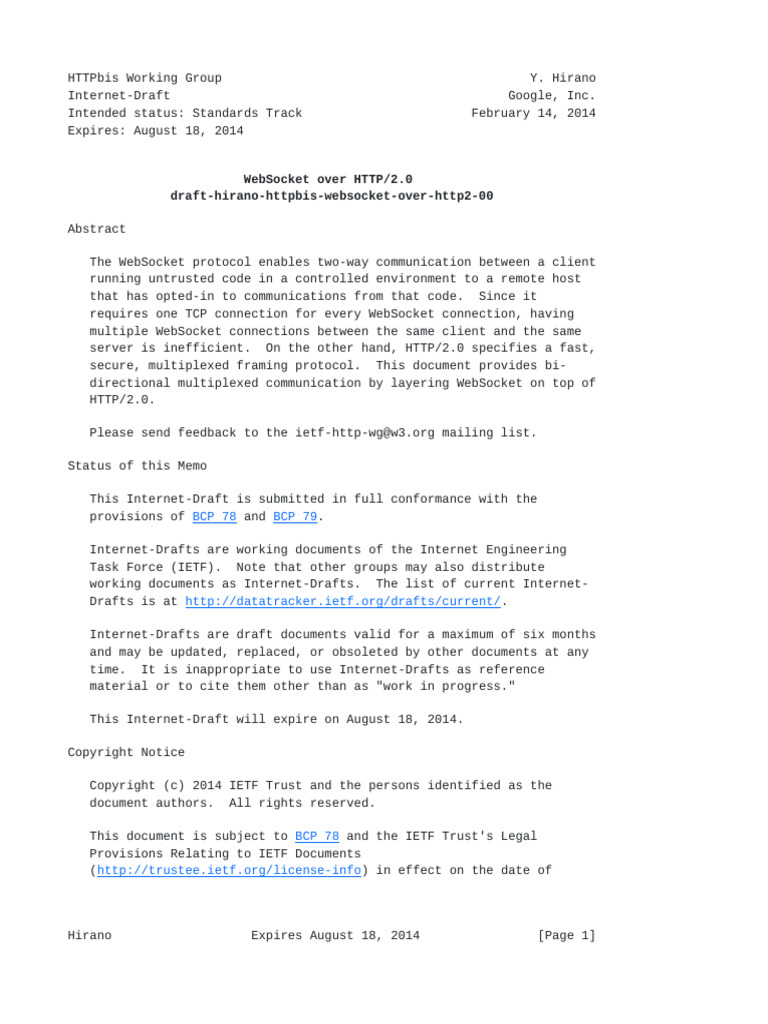 Draft Hirano Httpbis Websocket Over http2 00 | PDF | Transport Layer Security | Cyberspace