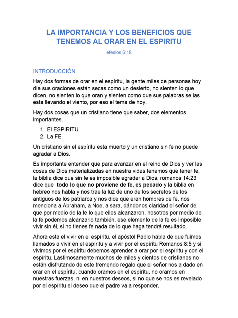La Importancia y Los Beneficios Que Tenemos Al Orar en El Espiritu | PDF | Oración | espíritu Santo