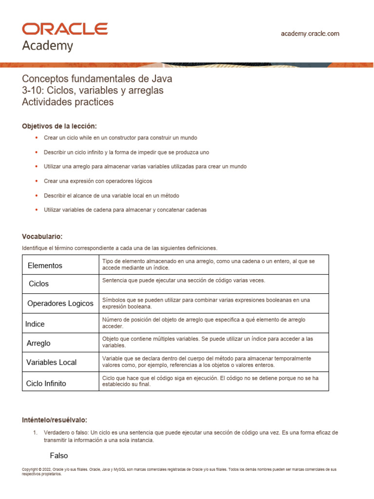 JF 3 10 Practice Esp | PDF | Java (lenguaje de programación) | Variable (informática)