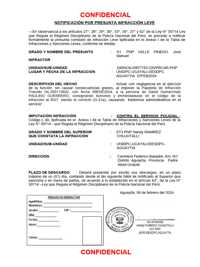 Notificacion de Sancio, Acta de No Descargo y Sancion de Ss - Oo Desdpc ...