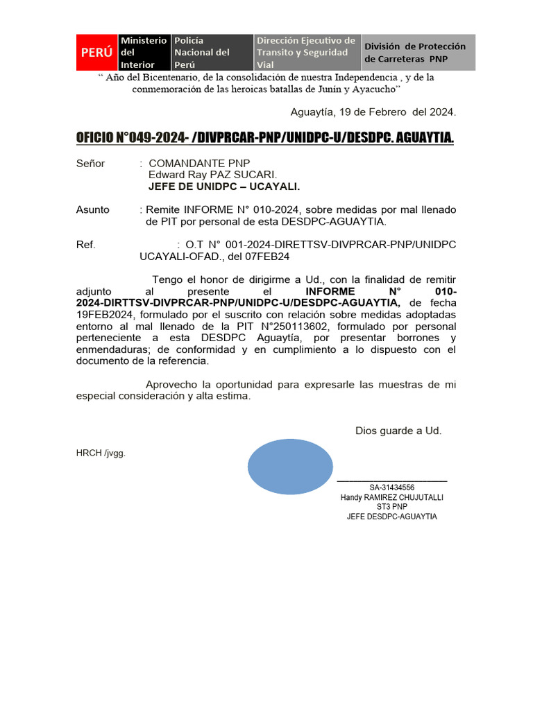 Oficio 49-24. Remite Informe #010-24. Sobre Mal Llenado de Pit Por S1 ...