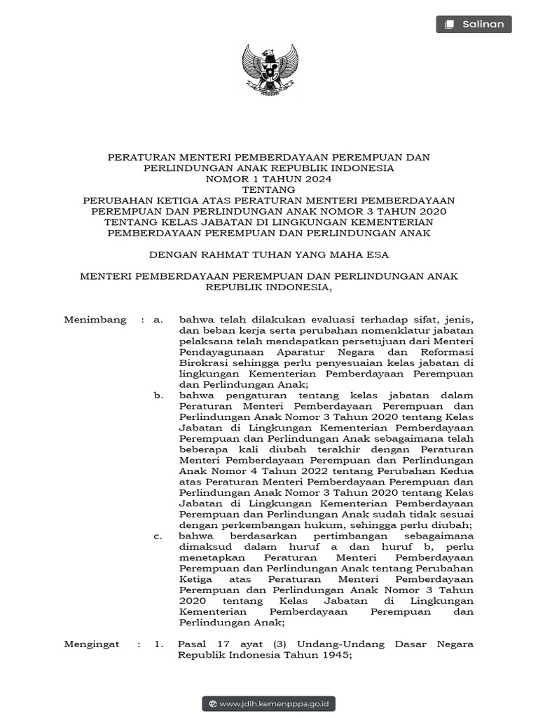 Permen PPPA No 1 THN 2024 TTG Perubahan Ketiga Kelas Jabatan - Sign | PDF
