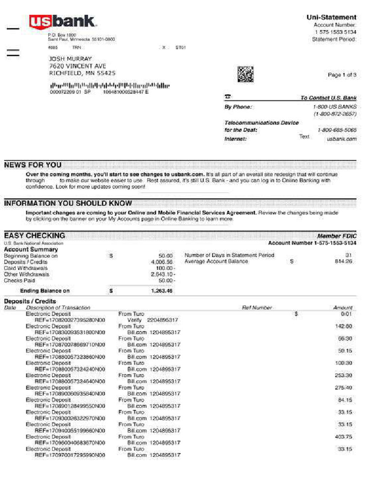 US Bank Statment of Account Clean | PDF