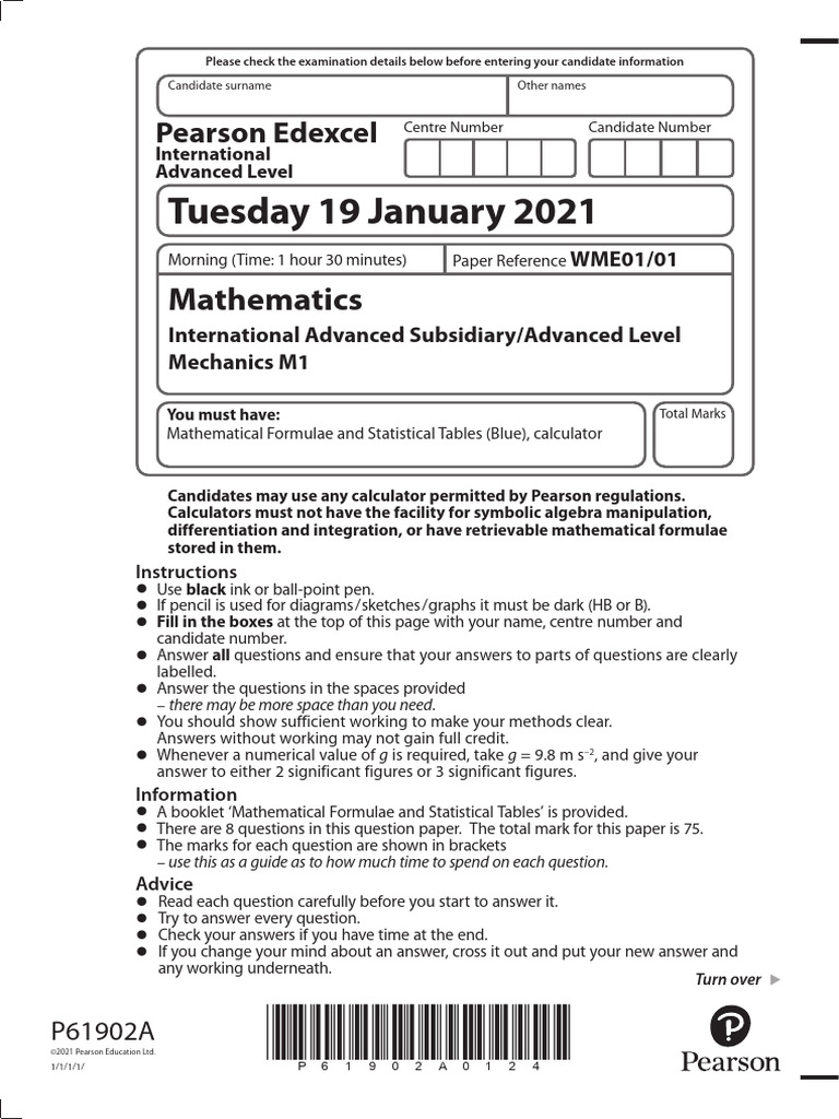 Mechanics M1 Exam Paper Jan 2021 | PDF | Mathematics | Force