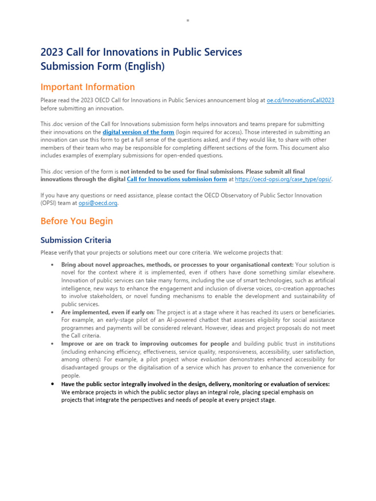 2023 Call For Innovations in Public Services Submission Form | PDF ...