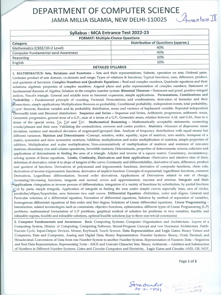 Entrance Test Syllabus - MCA - 2022-23 | PDF