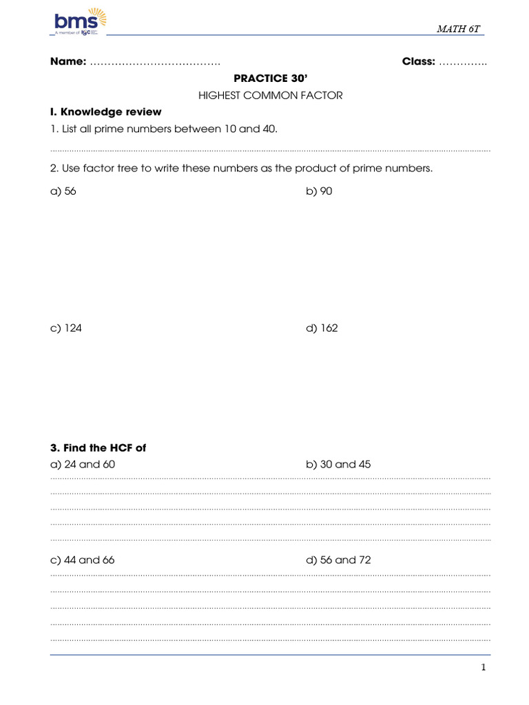 HCF Practice Worksheet for Class 7 | PDF | Mathematics | Computational ...