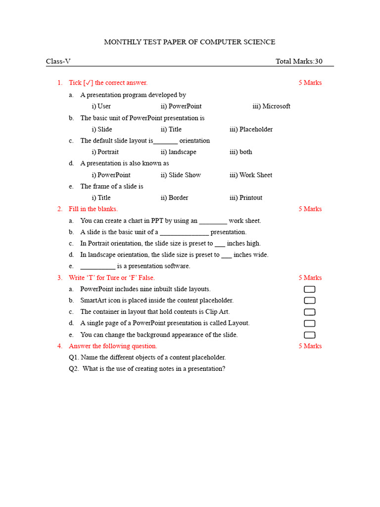 Quiz Paper of Class V | PDF