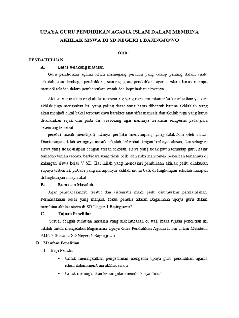 Upaya Guru Pendidikan Agama Islam Dalam Membina Akhlak Siswa Di SD Negeri 1 Bajingjowo | PDF ...