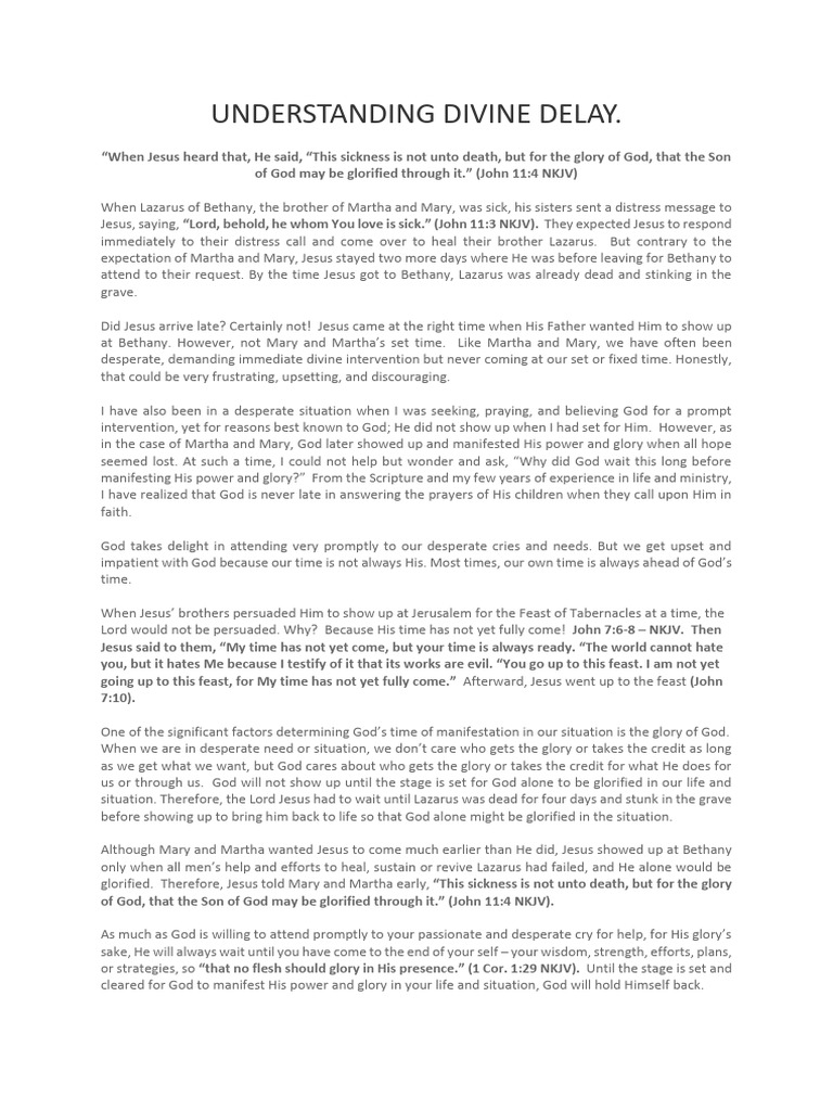 UNDERSTANDING DIVINE DELAY | PDF | Glory (Religion) | Lazarus Of Bethany
