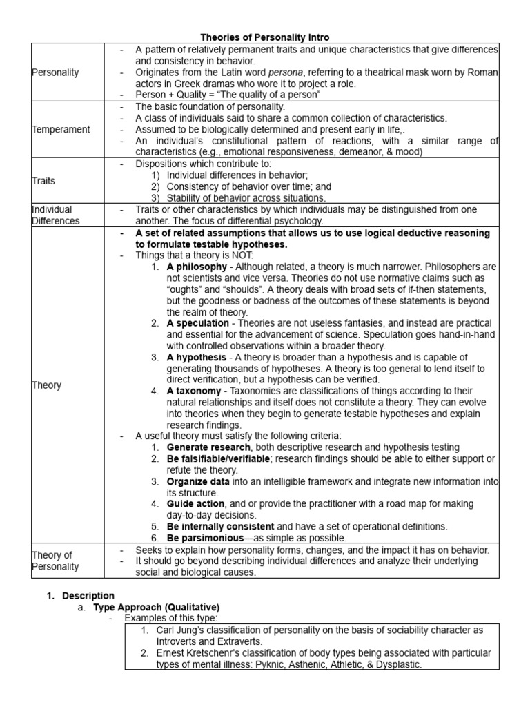 Personality Theories Overview | PDF | Psychology | Behavioural Sciences
