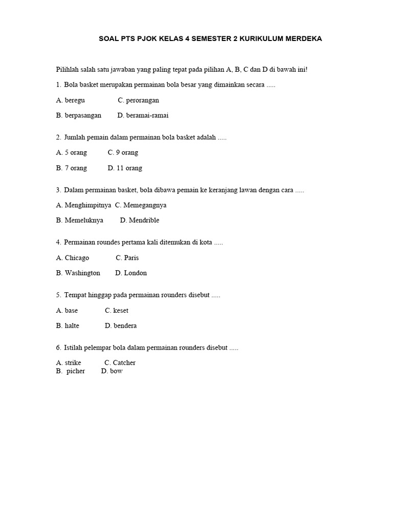 19 Soal PTS Pjok Kelas 4 Semester 2 Kurikulum Merdeka 1 | PDF