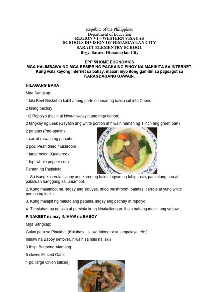 Mga Halimbawa NG Mga Resipe NG Pagkaing Pinoy Na Makikita Sa Internet | PDF