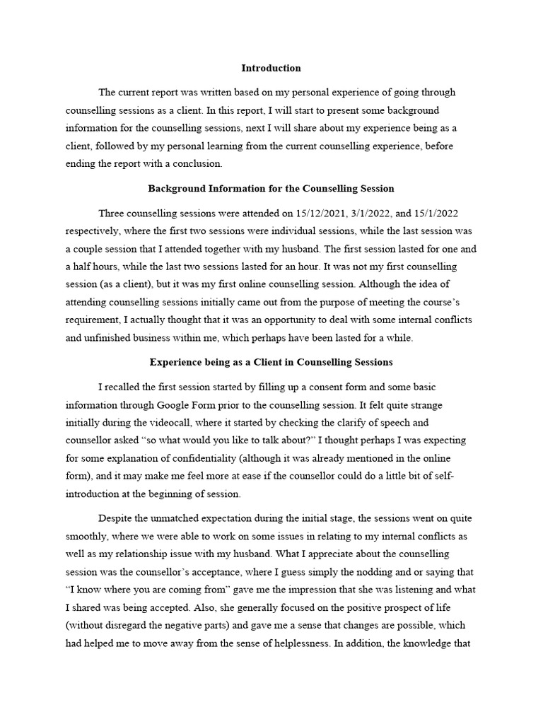 Personal Counselling Session Reflection Report | PDF | Thought | Experience