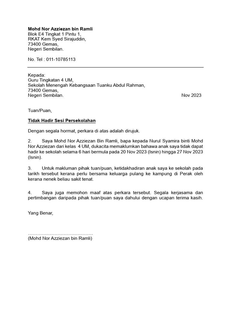 Contoh Surat Cuti Sekolah | PDF