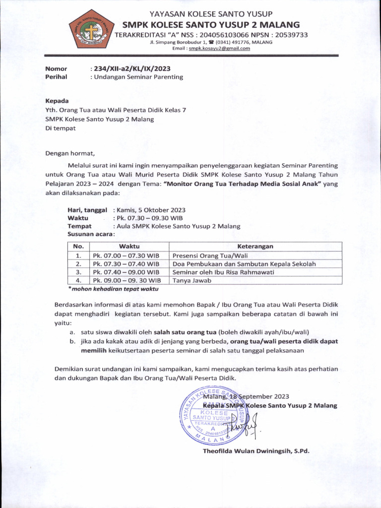 Undangan Parenting Kelas 7 | PDF