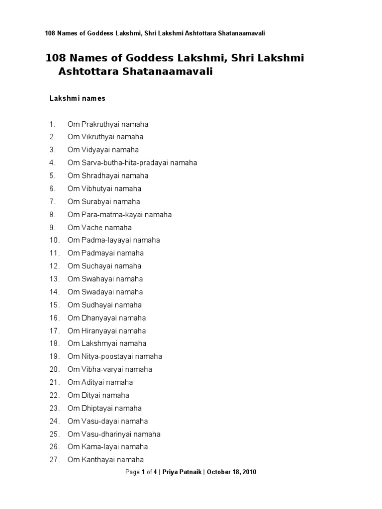 108 Names of Goddess Lakshmi | PDF